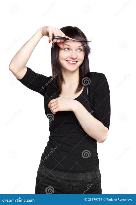 Young Woman Cutting Her Fringe Stock Image Image Of Beauty