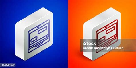 파란색과 주황색 배경에서 격리된 랩톱 아이콘의 Isometric 줄 새 채팅 메시지 알림입니다 스마트 폰 채팅 Sms 메시지
