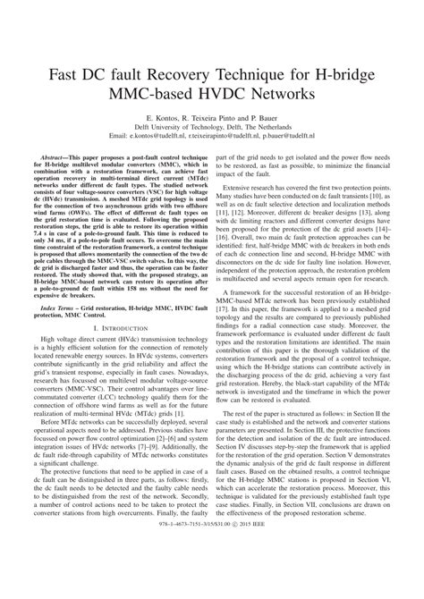 Pdf Fast Dc Fault Recovery Technique For H Bridge Mmc Based Hvdc Networks