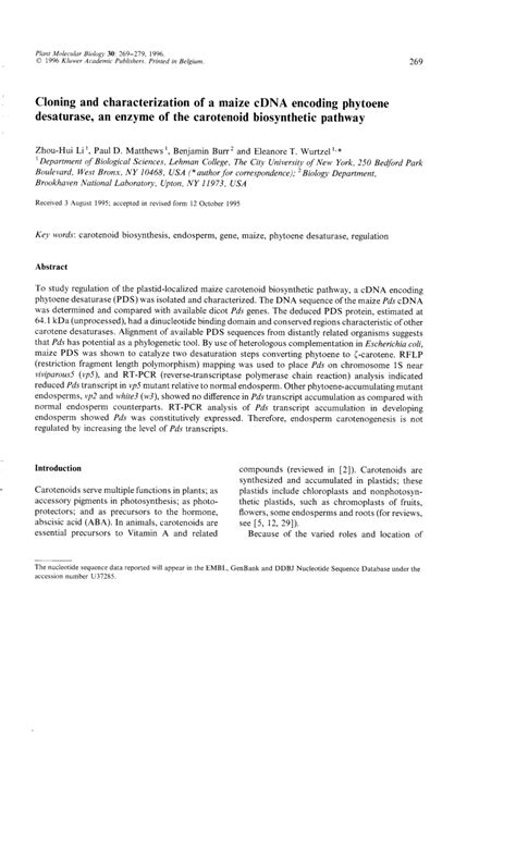 Pdf Cloning And Characterization Of A Maize Cdna Encoding Phytoene Desaturase An Enzyme Of