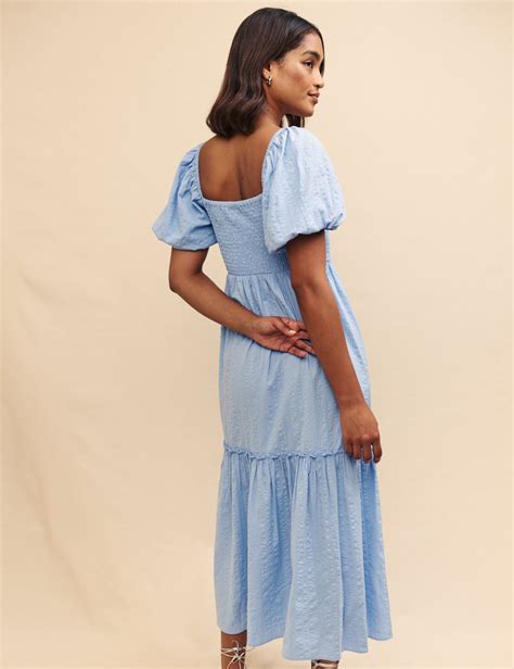 Blue Shirred Bodice Tiered Tallulah Midi Dress