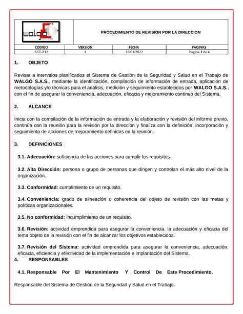 Procedimiento DE Revision POR LA ALTA Direccion CODIGO VERSION FECHA
