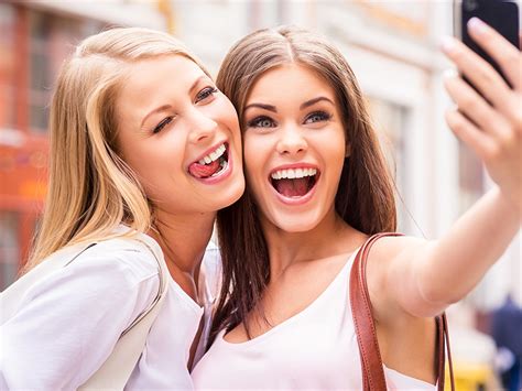 Picture Smile Selfie Two Tongue Young Woman Hands
