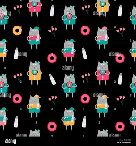 Cute Handdrawn Cat Seamless Pattern Vector Illustration Stock Vector