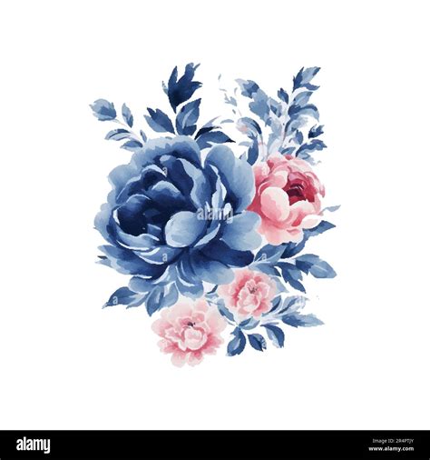 Watercolor Navy Blue And Pink Flowers Set Vintage Vector Flowers