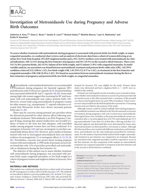 PDF Investigation Of Metronidazole Use During Pregnancy And Adverse