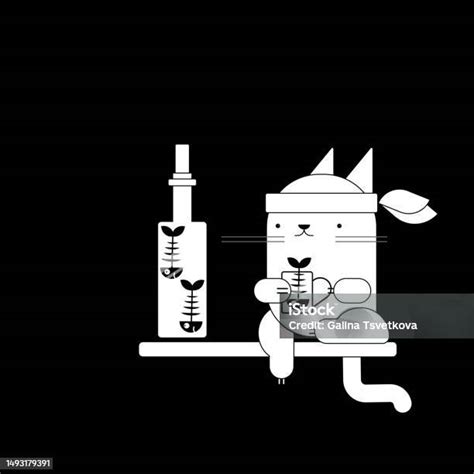 재미있는 간단한 만화 흑백 고양이와 와인 병입니다 스티커에 대한 벡터 그림 로봇에 대한 스톡 벡터 아트 및 기타 이미지 로봇 강철 개념 Istock