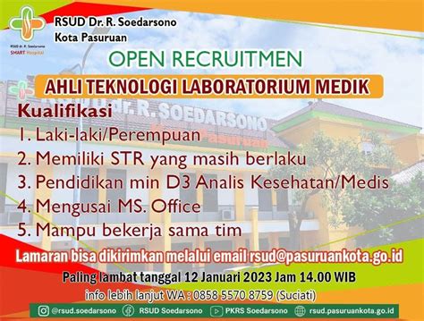 Lowongan Kerja Analis Kesehatan RSUD Dr R Soedarsono