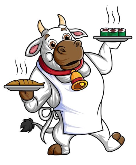 Premium Vector A Funny Cartoon Cow Working As A Waiter Carrying Two
