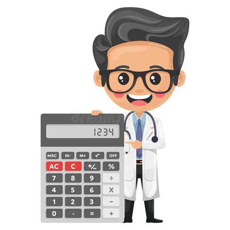 Doctor Character Cartoon With A Stethoscope With Giant Calculator For Financial Analysis