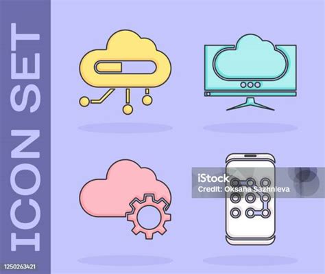 모바일 및 그래픽 암호 보호 사물 인터넷 클라우드 기술 데이터 전송 및 저장 및 컴퓨터 모니터 화면 아이콘을 설정합니다 벡터 네트워크 서버에 대한 스톡 벡터 아트 및 기타