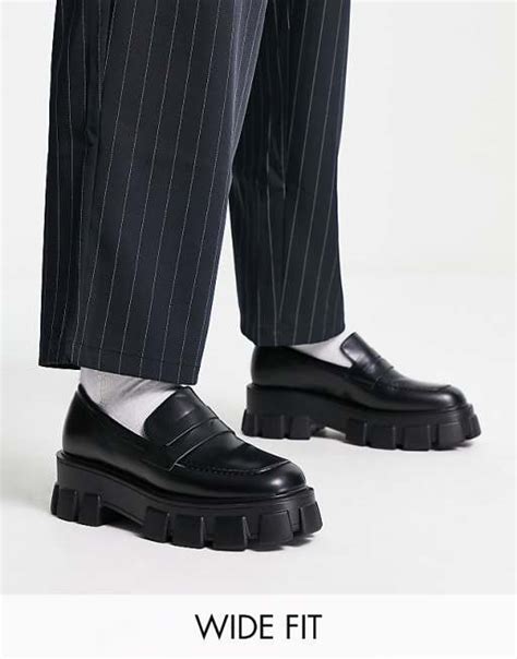 Truffle Collection Wide Fit Chunky Penny Loafers In Black Asos