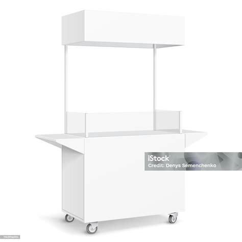 지붕 캐노피 배너와 흰색 Pos Poi 빈 빈 소매 스탠드 실속 모바일 바 디스플레이 패스트 푸드 흰색 배경에 고립 디자인에 대 한 준비 템플릿 모의 제품 포장 벡터