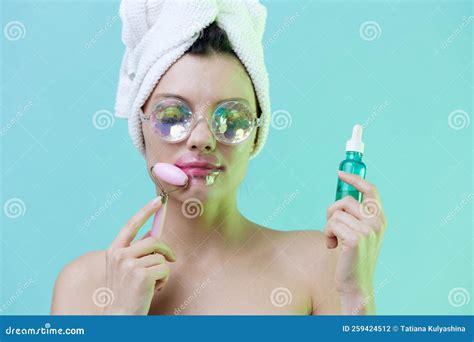 Horizontal Photo A Woman With Clean White Skin On A Blue Background In