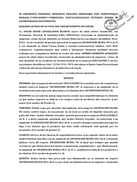 Modelo De Demanda Por Competencia Desleal Pdf Demanda Judicial