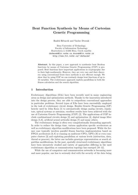 Pdf Bent Function Synthesis By Means Of Cartesian Genetic Programming