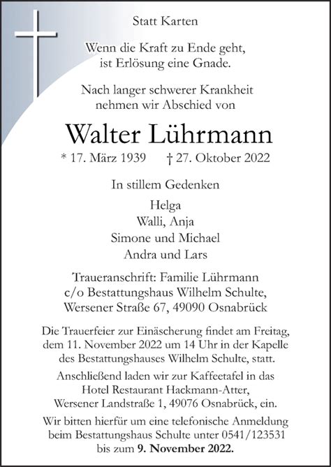 Traueranzeigen von Walter Lührmann noz Trauerportal