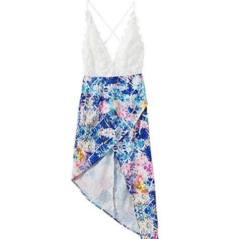 Sexy Backless V Neck Lace Spliced Irregular Floral Print Hem Dress