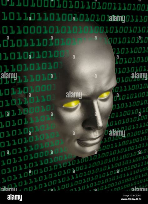 a robot android face with yellow eyes penetrating a wall of binary code
