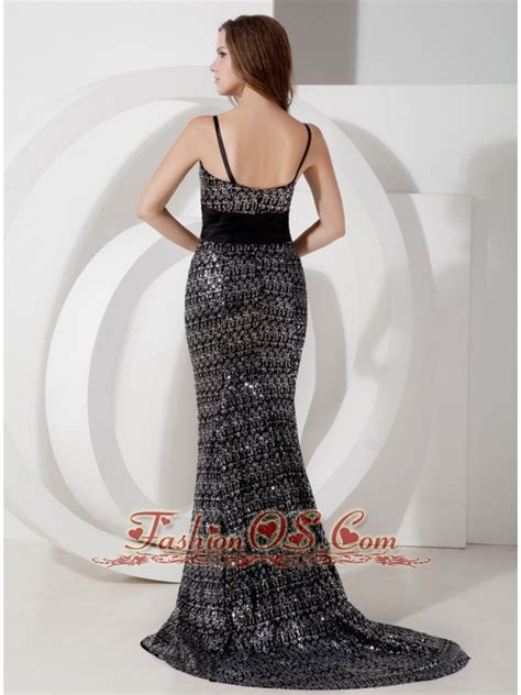 Custom Made Black Mermaid Spaghetti Straps Evening Dress Sequin Belt