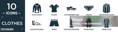 채워진 옷 아이콘 세트입니다 플랫 나일론 재킷 블라우스 가죽 더비 신발 팬티 옥스포드 웨이브 블레이저 글래디에이터 샌들 복서 원 숄더 드레스 하렘 바지 트렌치 코트 아이콘을