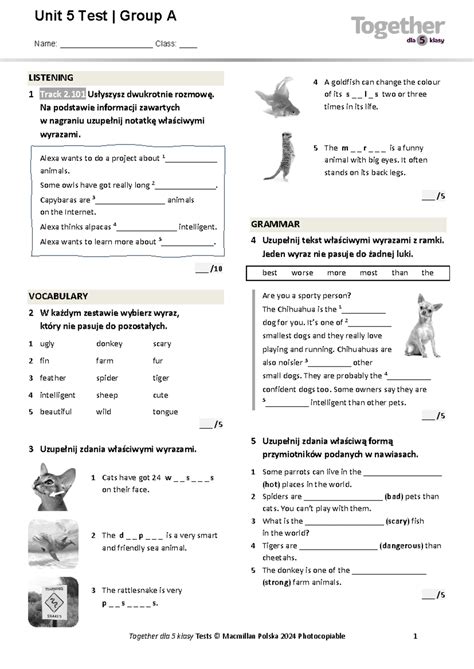 Brainy Klasa Unit Test A Listening Grammar And Vocabulary
