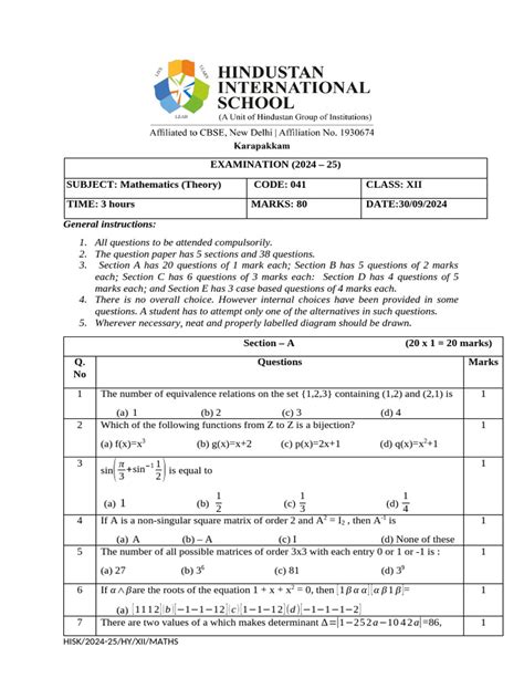 G12hy2024 25maths Pdf Applied Mathematics Mathematical Concepts