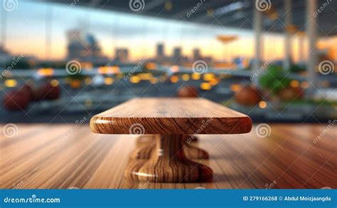 Modern Wooden Table Amidst Blurred Airport Terminal Backdrop Stock