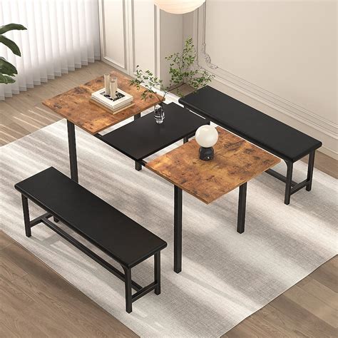 Vecelo Rectangular Expandable Dining Table Set Wood Kitchen Table With Bench Space Saving