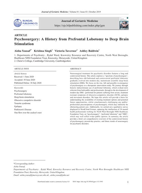 Psychosurgery A History From Prefrontal Lobotomy To Deep Brain