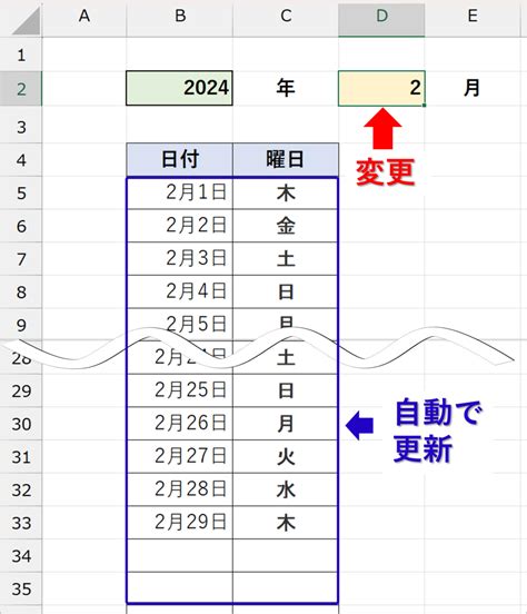 【エクセル】年月の入力で、日付と曜日を自動で変更させる方法。関数で月末の表示も調整 Excelの森