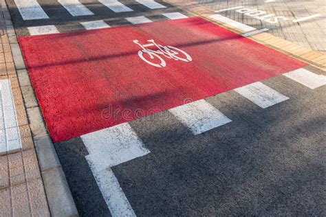 Crossroads In The City Bike Path Next To Pedestrian Crossing On Street