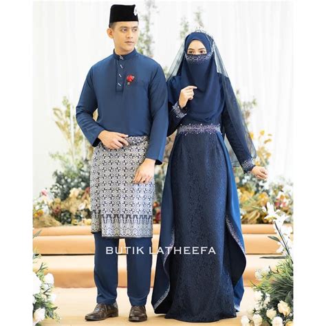 Set Baju Dress Lareenda And Baju Melayu Panglima Biru Navy Blue Nikah