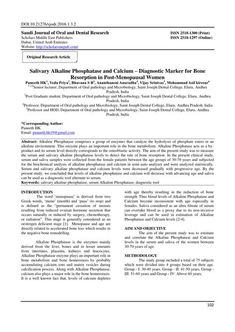 Pdf Salivary Alkaline Phosphatase And Calcium Diagnostic Marker For Bone Resorption In Post