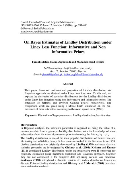 Pdf On Bayes Estimates Of Lindley Distribution Under Linex Loss Function Informative And Non