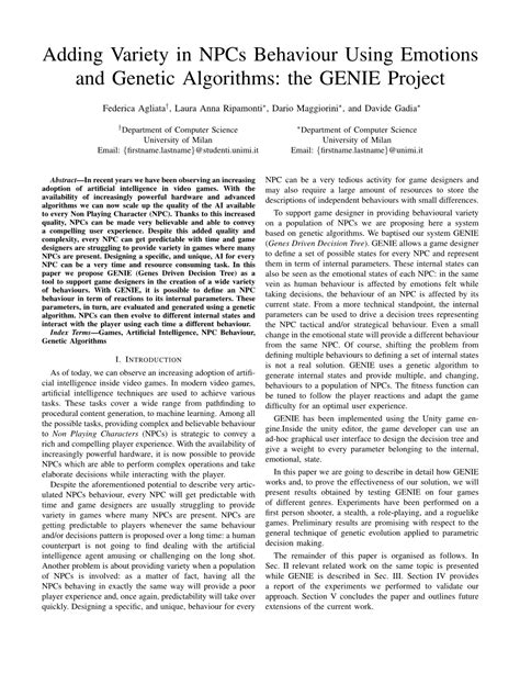 Adding Variety In Npcs Behaviour Using Emotions And Genetic Algorithms The Genie Project Docslib
