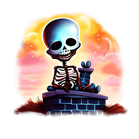 Cute Happy Skeleton Sitting On A Chimney Top At Night · Creative Fabrica