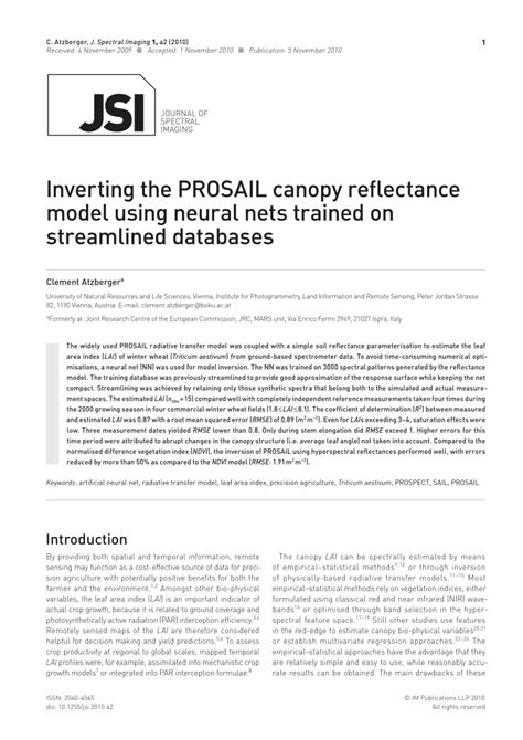 Pdf Inverting The Prosail Canopy Reflectance Model Using Neural Nets Trained On Streamlined