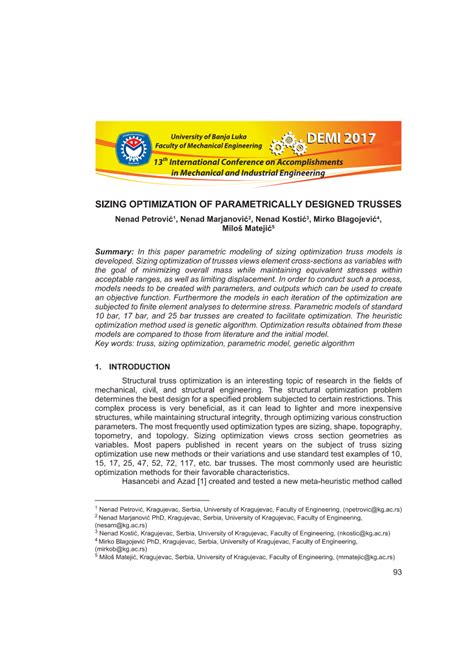 Pdf Sizing Optimization Of Parametrically Designed Trusses