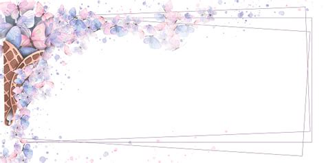 아이스크림을위한 와플 콘에 분홍색과 라일락 나비가있는 수평 프레임 수채화 그림 배너 인증서 초대장 엽서 광고의 디자인과 디자인을