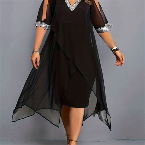Plus Size Party Dress Womens Plus Glitter Contrast Mesh V Neck Medium Stretch Tank Dress