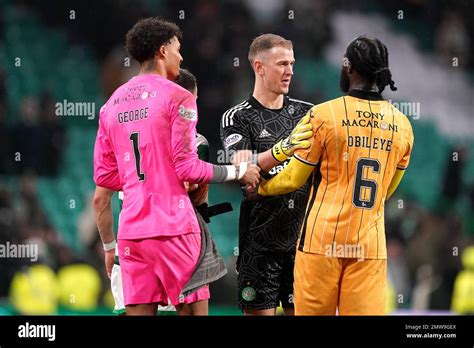 Celtic Goalkeeper Joe Hart Centre With Livingston Goalkeeper Shamal