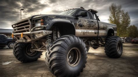 Huge Black Tires And Metal Frame Of This Big Monster Truck Background