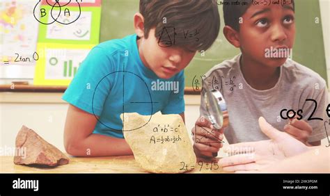 image of math formulas over diverse pupils with magnifier at school