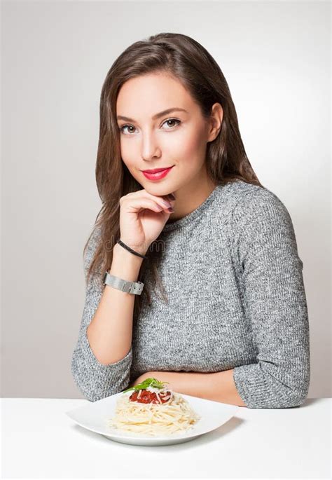 Young Brunette Having Italian Food Stock Image Image Of Happy