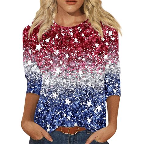 July 4th 34 Sleeve Shirts For Women American Flag Stars Stripes Shirts