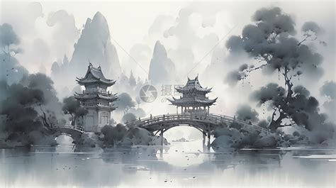 古风水墨画山川河流上的古风桥插画图片下载 正版图片402497013 摄图网