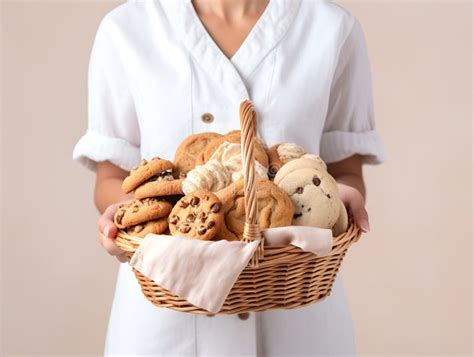 Woman Pastry Chef Holds A Basket With Various Delicious Cookies Stock