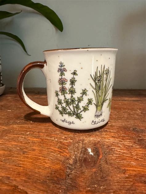 1970s Vintage Speckled Ceramic Stoneware Mug With Herb Design Etsy