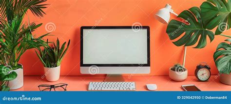 modern minimalist workspace with computer and greenery on orange desk